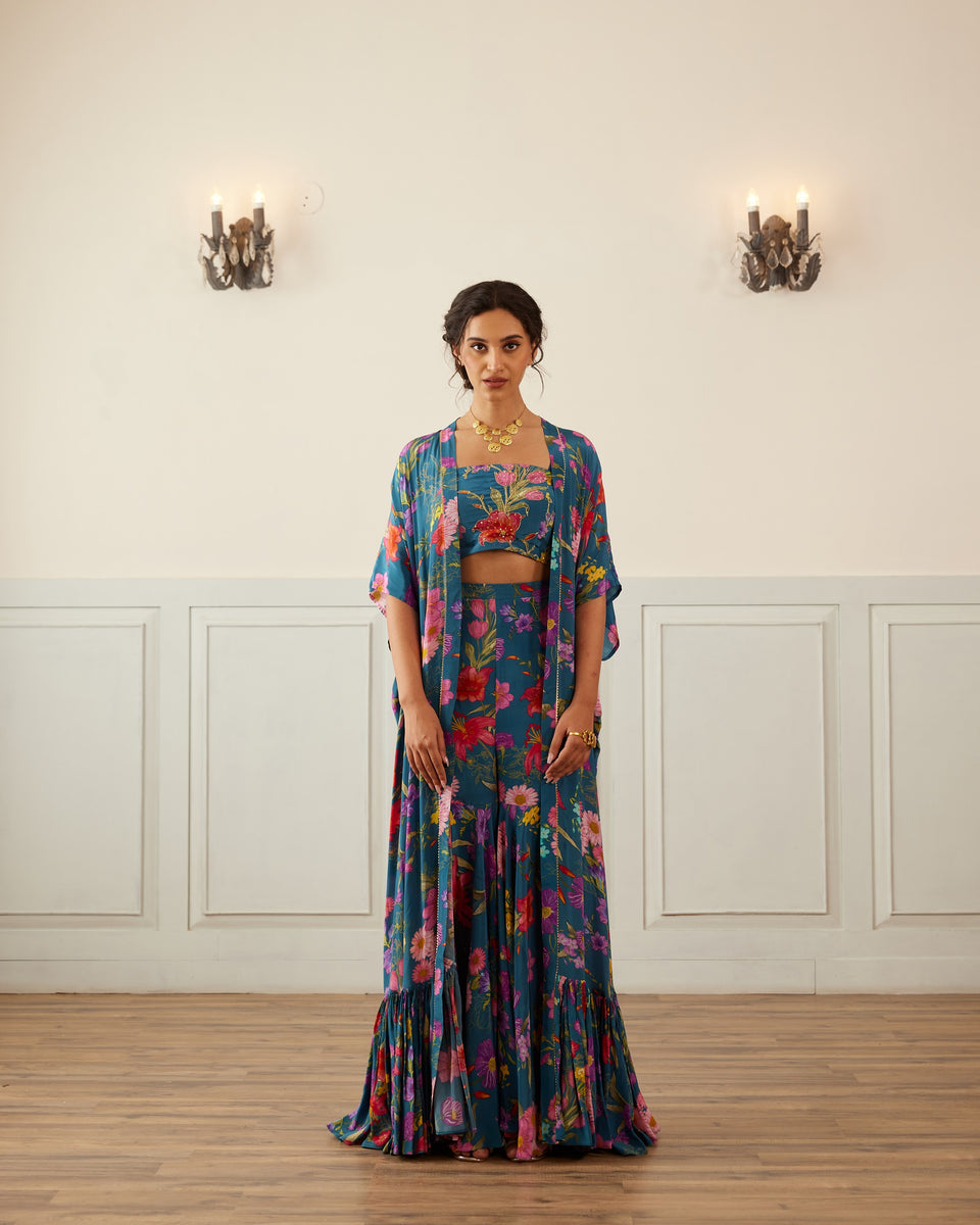 Blue cape set with floral bustier and flared bottoms – HouseofPinkOnline